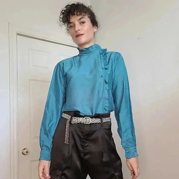 Tops | Vintage Electric Blue Satin Blouse | Poshmark